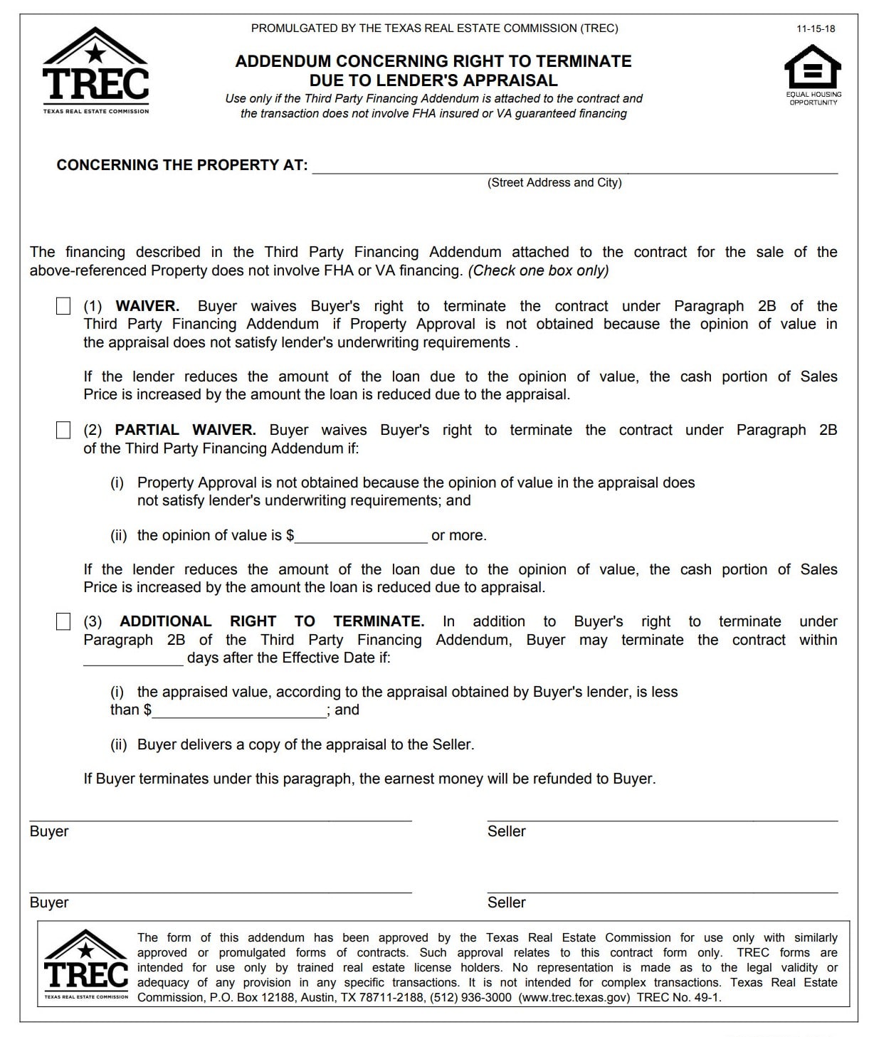 Addendum Concerning Right to Terminate | Cavazos Realty International